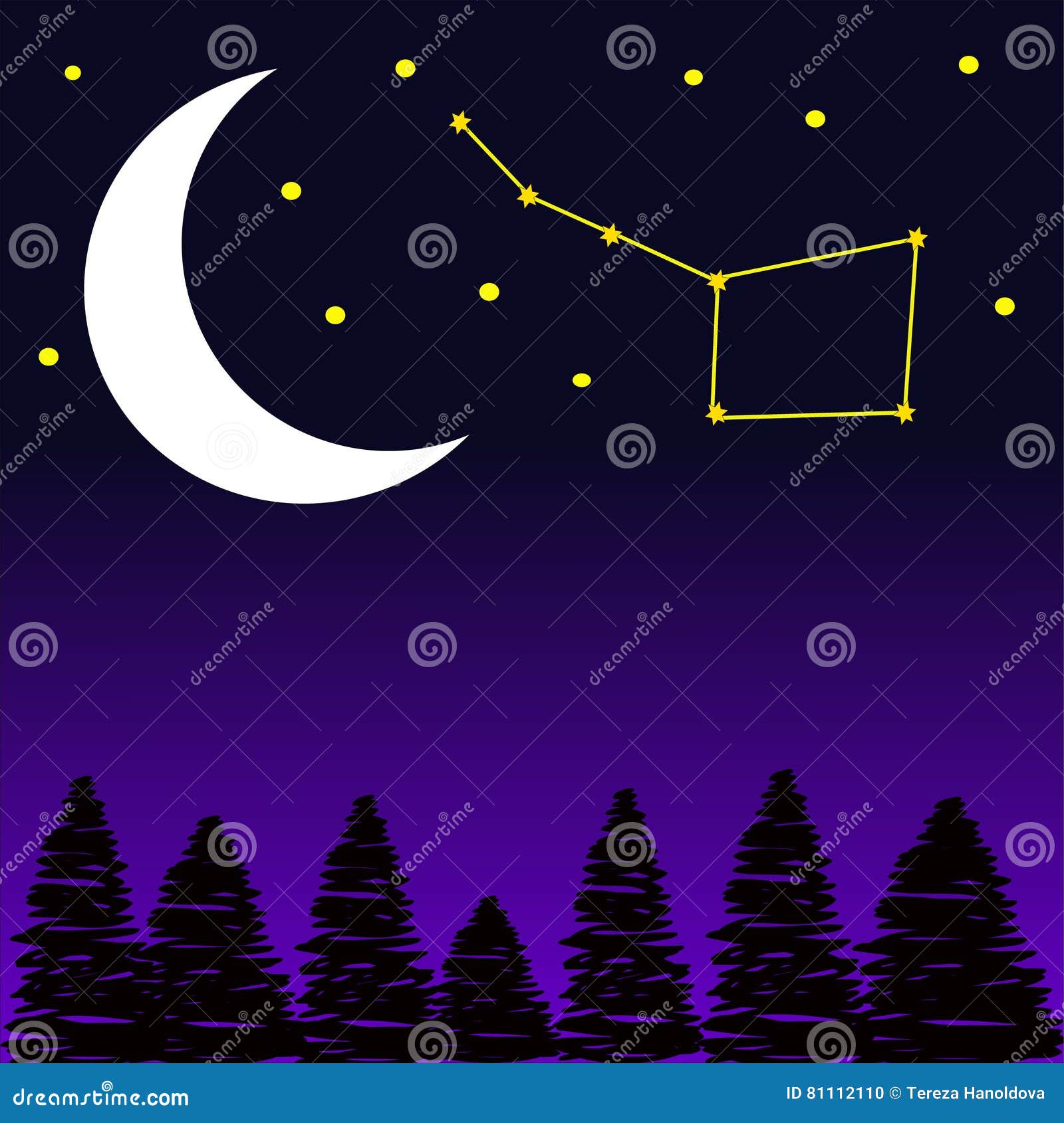 Trees with Moon and Stars at Night Stock Vector - Illustration of ...