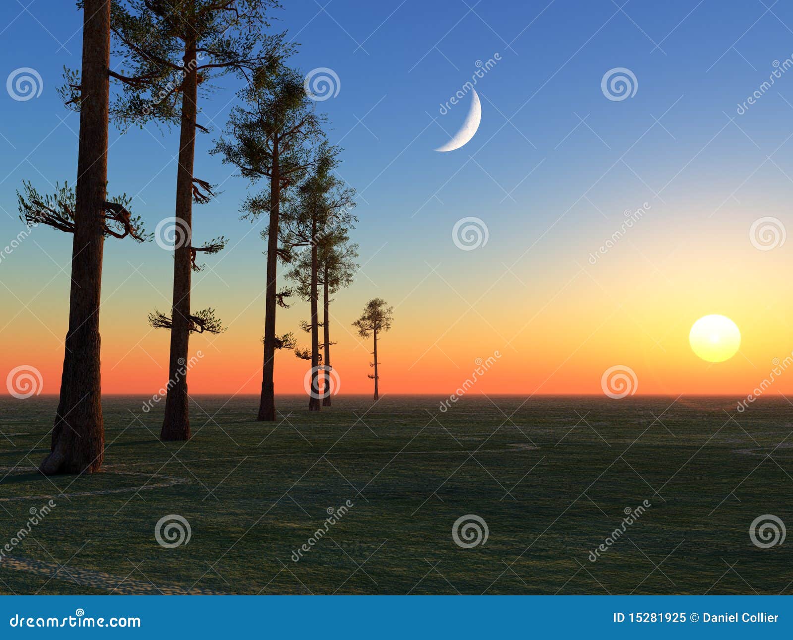 Trees Moon and Sun stock illustration. Illustration of land - 15281925