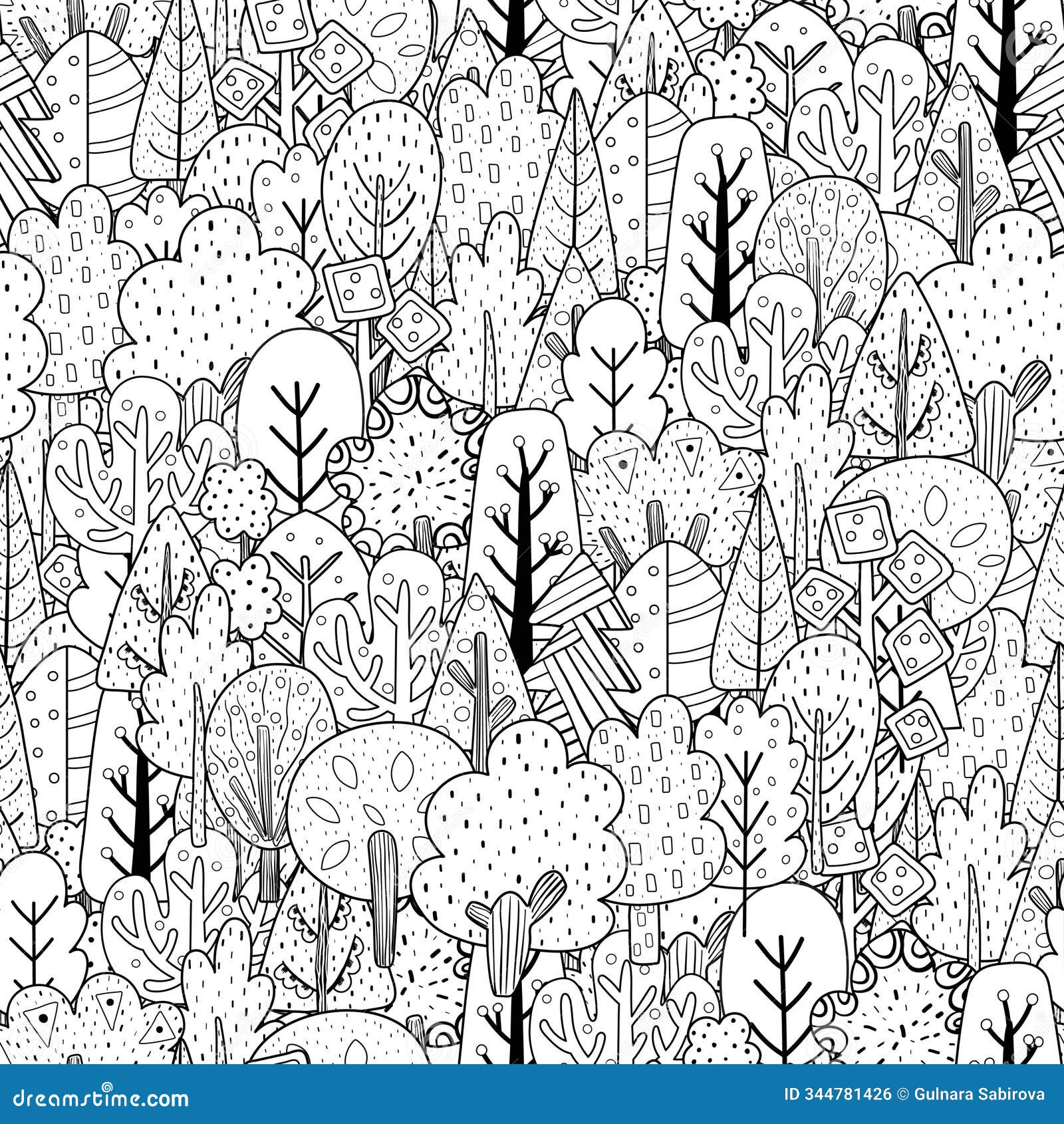Fantasy Doodle Forest Black and White Seamless Pattern. Doodle Coloring ...