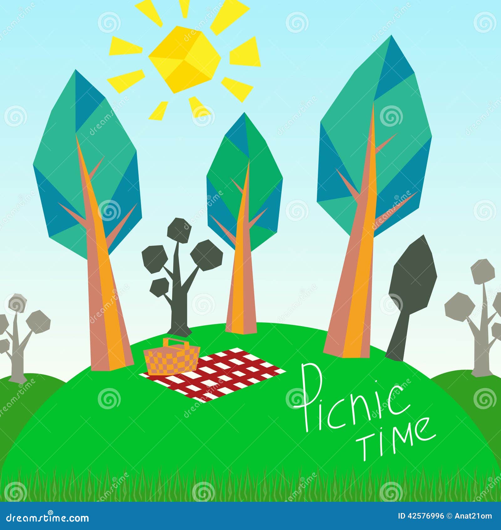 Trees and picnic basket. stock vector. Illustration of outdoors - 42576996