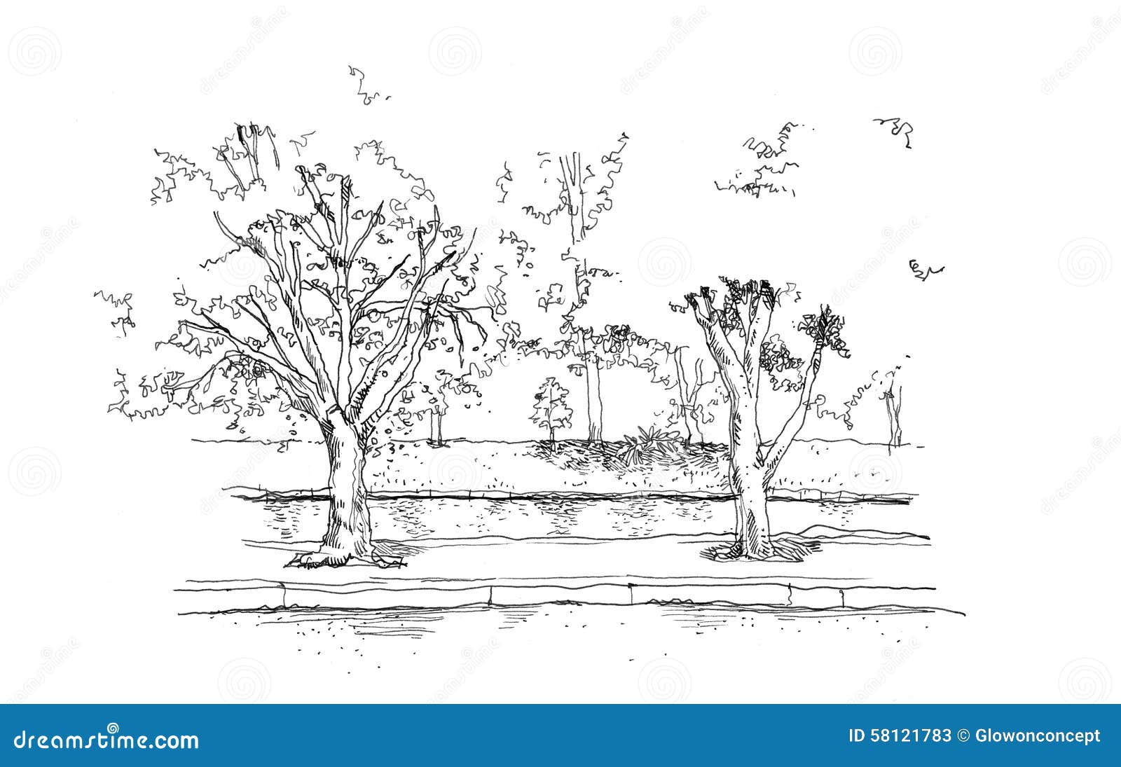 Trees and River Canal Hand Drawing Illustration Stock Illustration ...