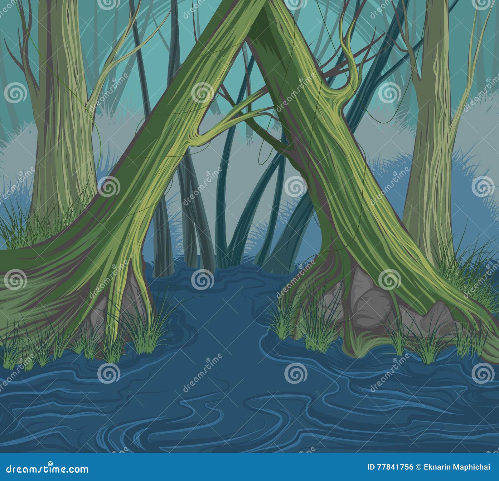 Trees and river scene stock vector. Illustration of countryside - 77841756