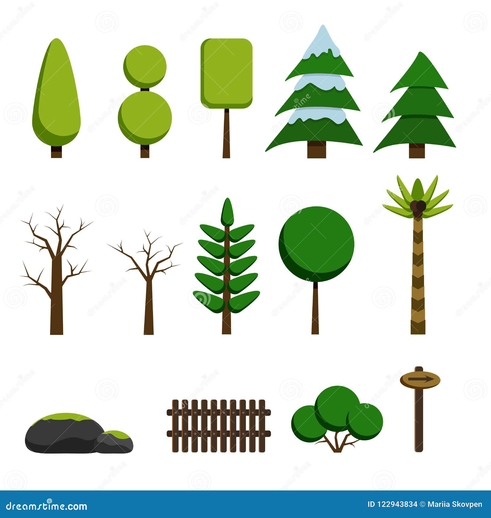 Trees, Rocks and Game Elements in Flat Style. Stock Vector ...