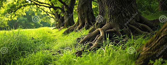Trees root in green grass stock image. Image of land - 317949383