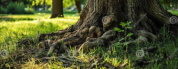 Trees root in green grass stock photo. Image of nature - 360486506