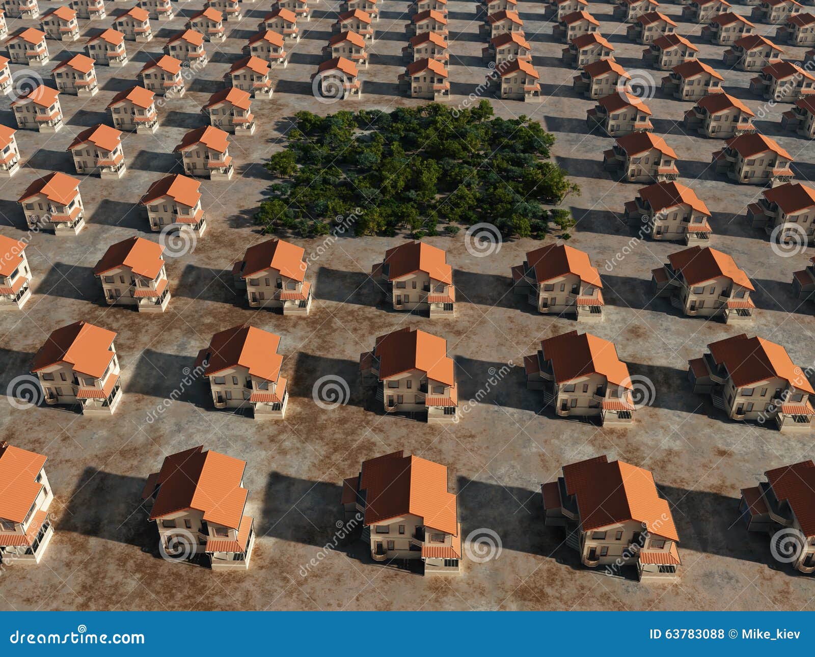 Trees between Rows of Houses Stock Illustration - Illustration of array ...