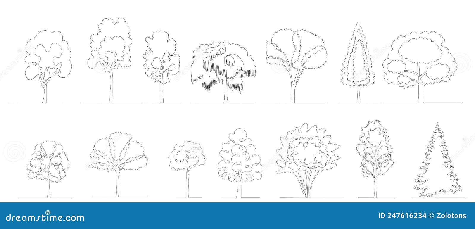 Trees Set Drawing by One Continuous Line Stock Vector - Illustration of ...