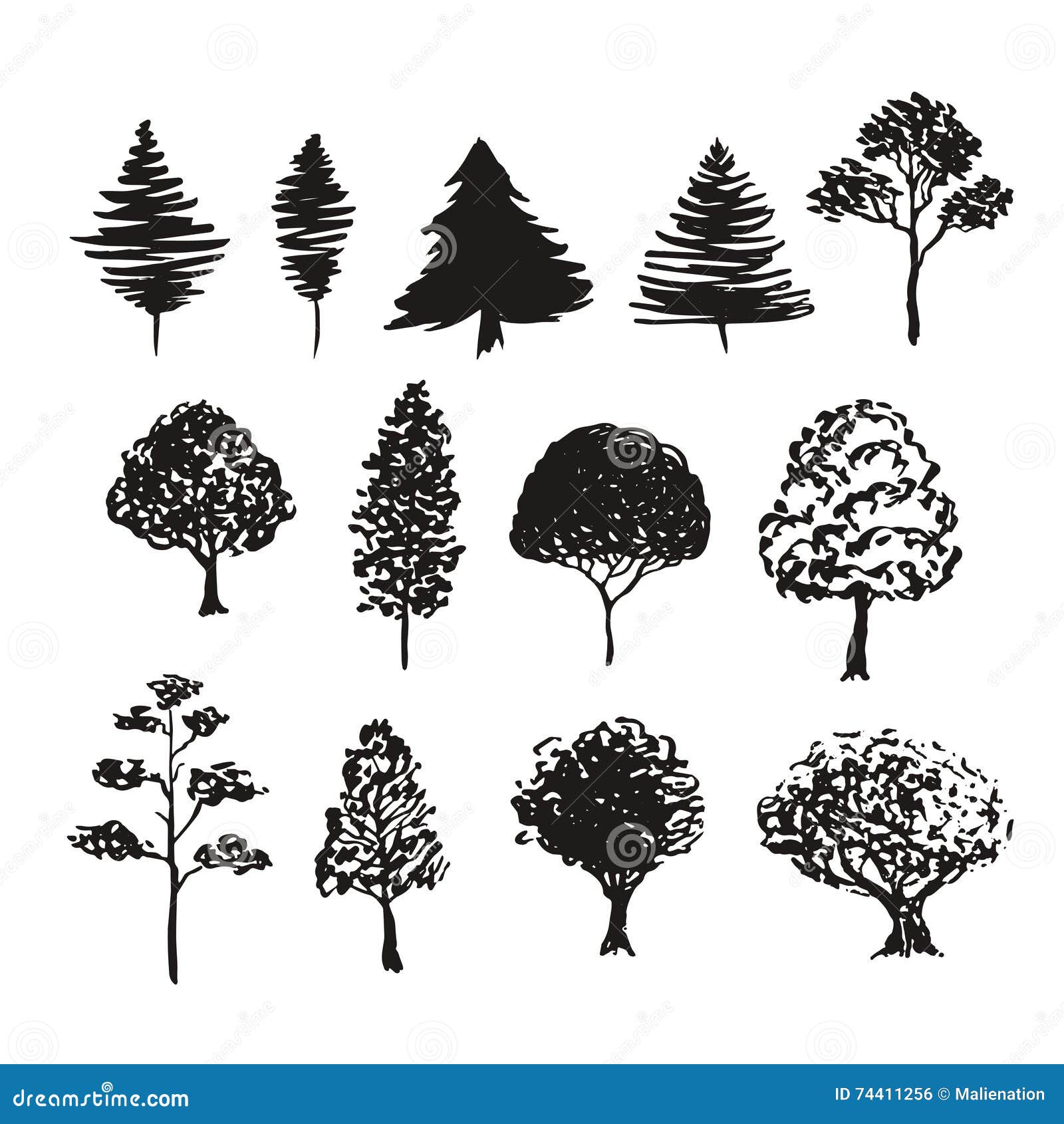 Trees Silhouette Vector Decoration. Hand Drawn Sketches Isolated Set ...
