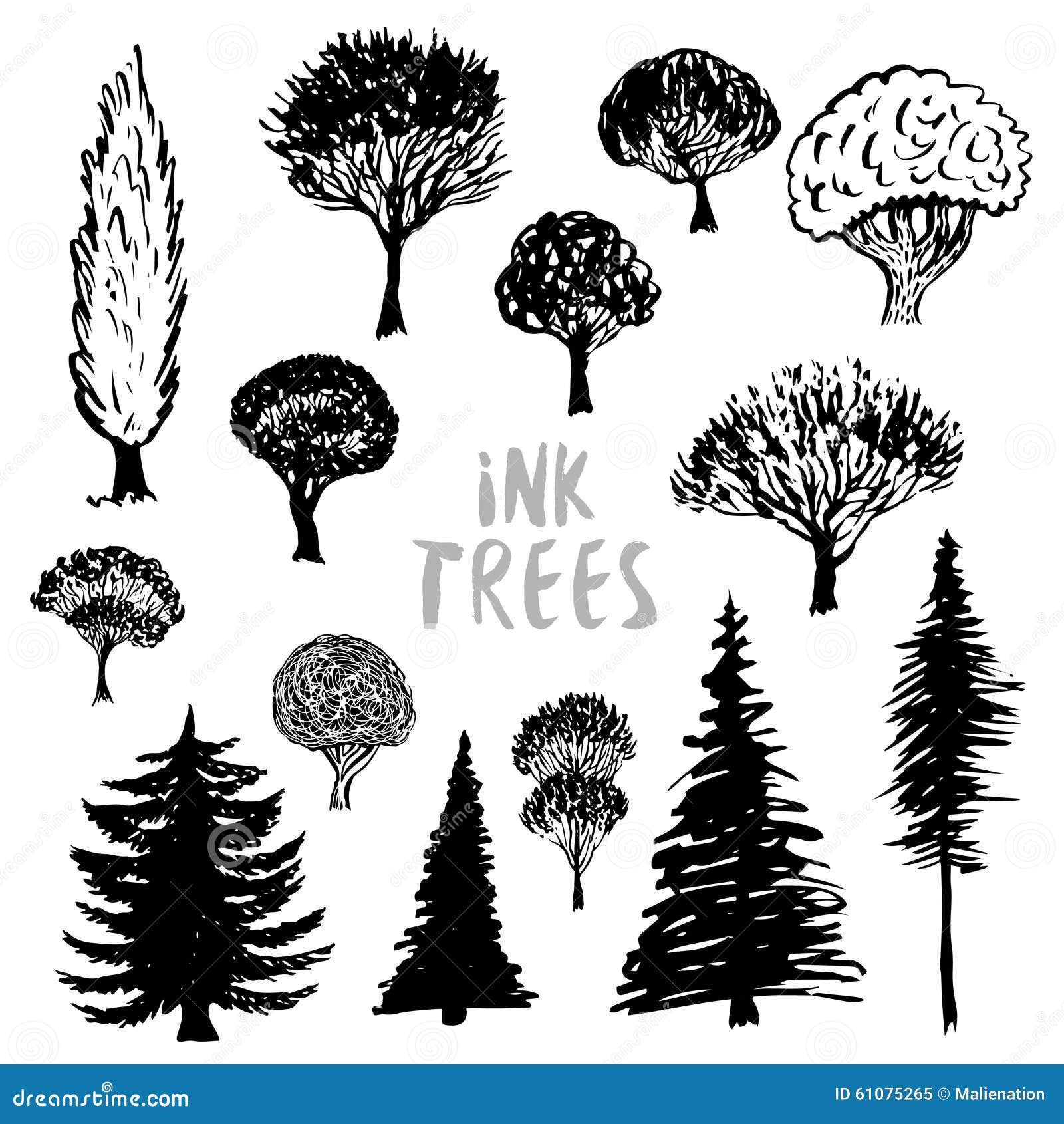 Trees Silhouette Vector. Inked Hand Drawn Isolated Stock Vector ...