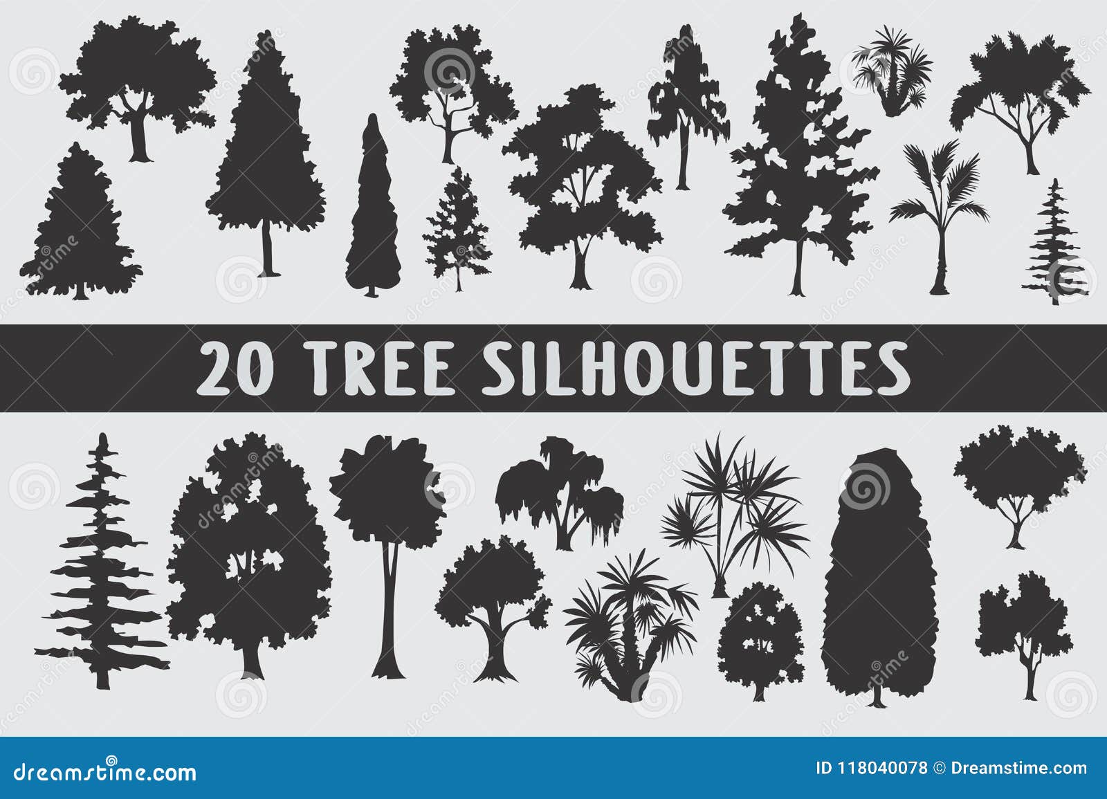 20 Trees Silhouettes Various Design Set Stock Vector - Illustration of ...
