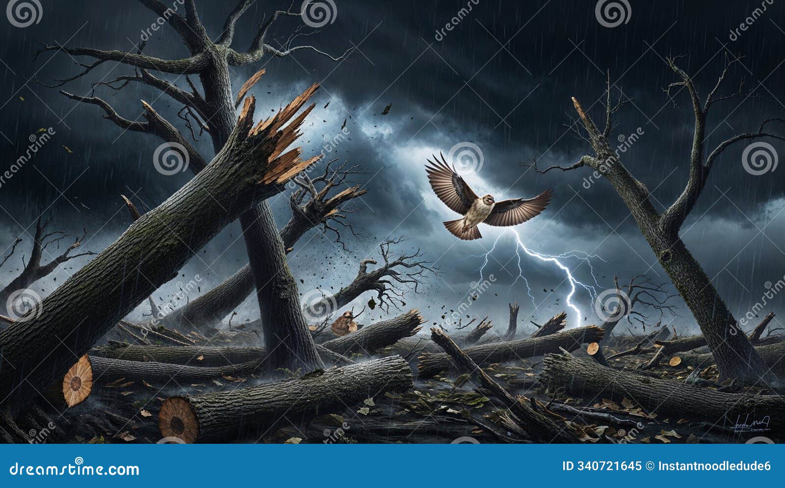 Trees Snapping in Strong Winds – a Lone Bird Flying through the Storm ...
