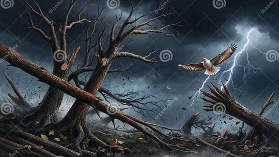 Trees Snapping in Strong Winds – a Lone Bird Flying through the Storm ...
