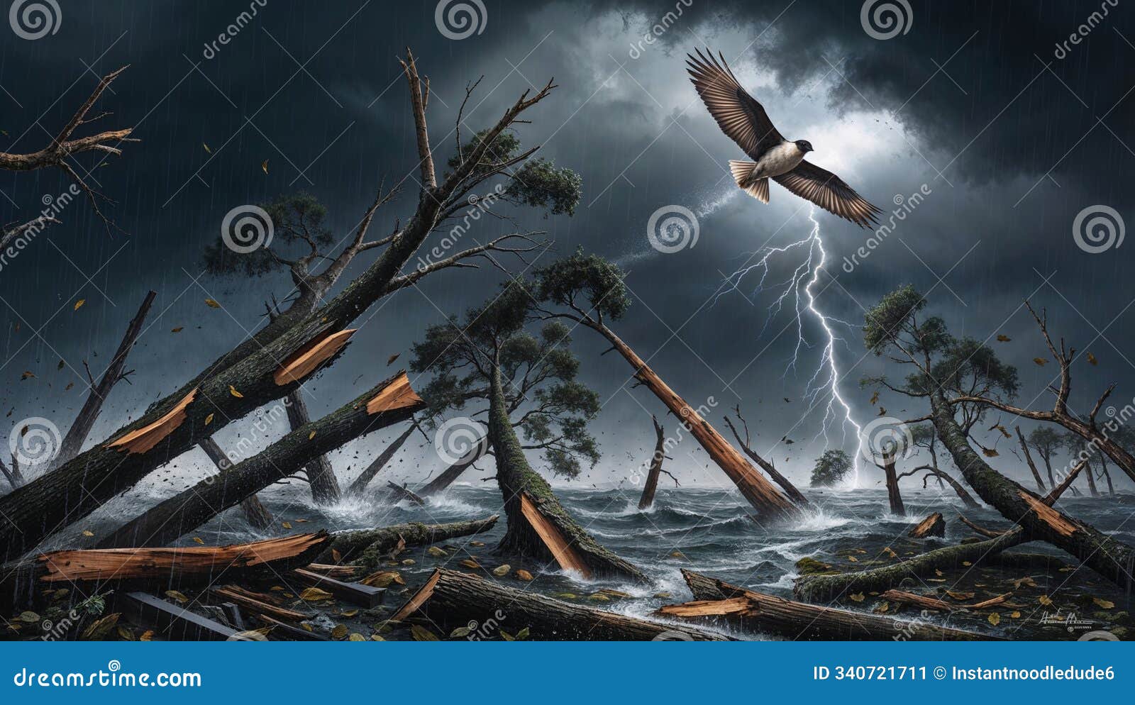 Trees Snapping in Strong Winds – a Lone Bird Flying through the Storm ...