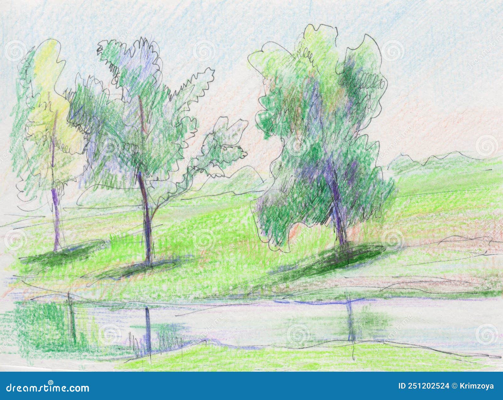 Trees in sunny summer day stock photo. Image of drawn - 251202524