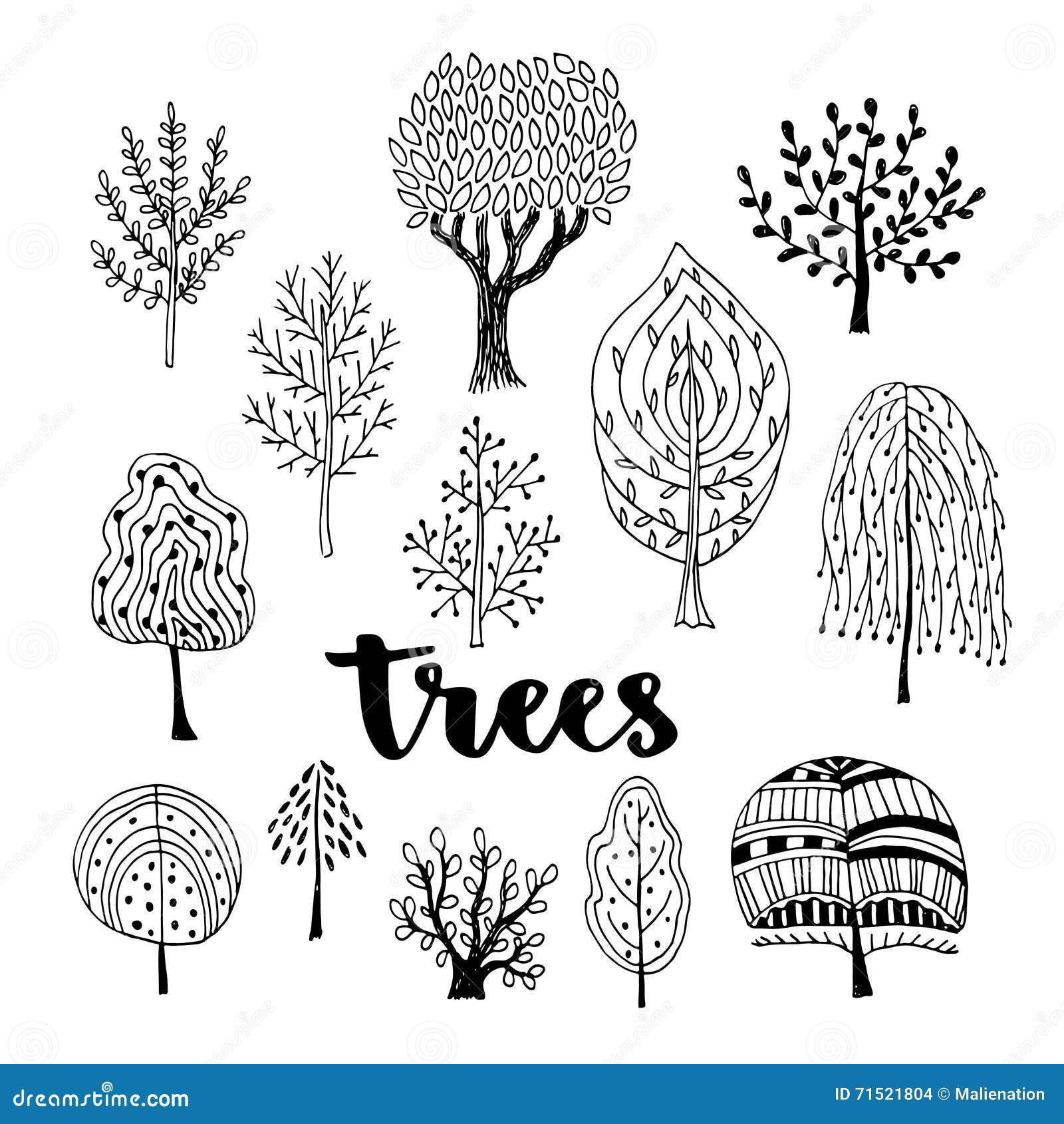 Trees Vector Set. Hand Drawn Vector Collection of Doodle Trees Stock ...