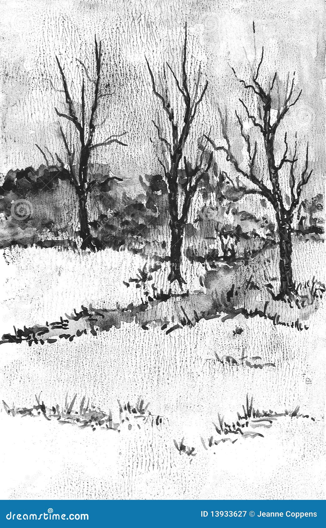 Trees in winter drawing. stock illustration. Illustration of land ...