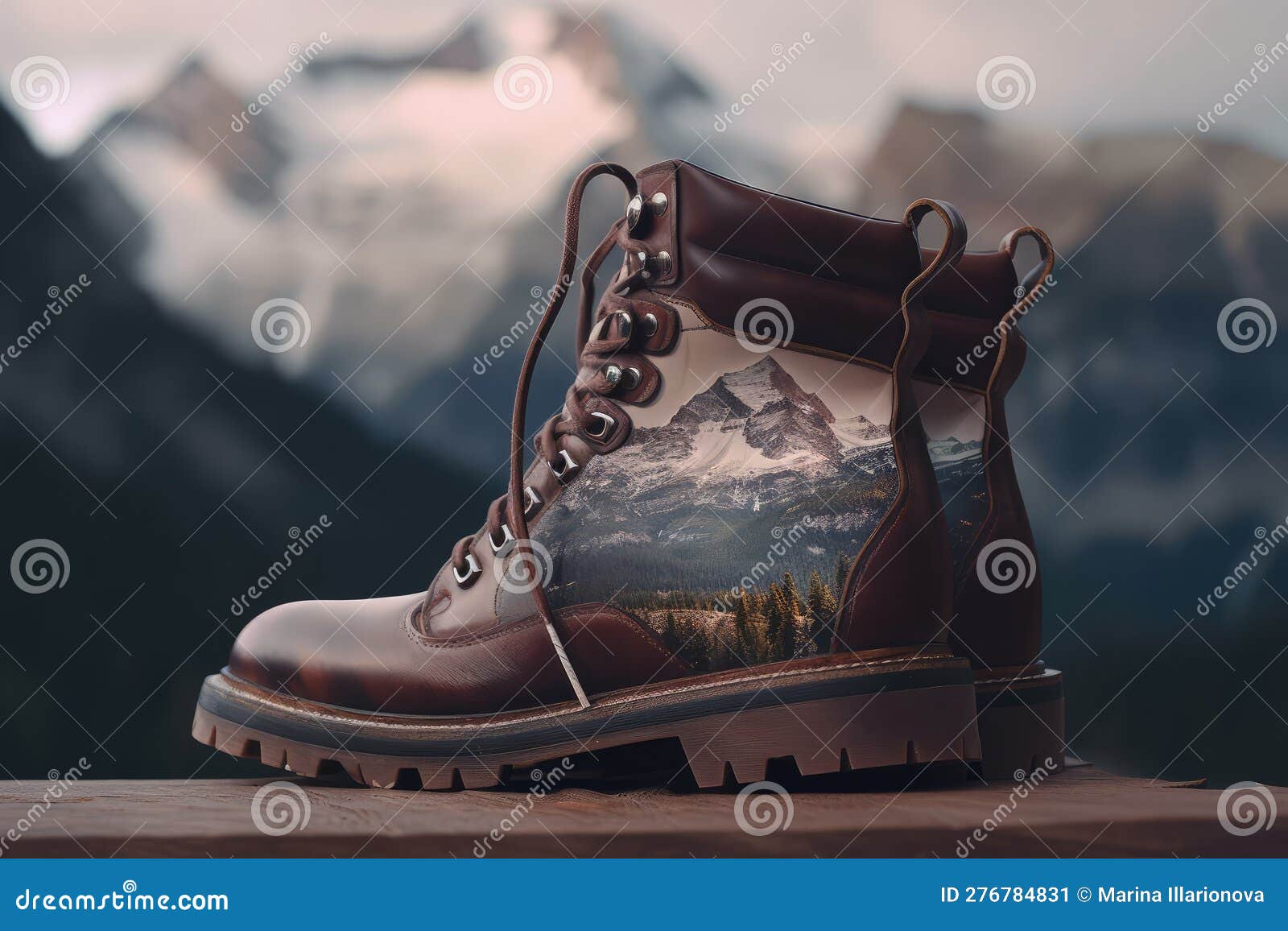 Trekking Boots with Pattern of Mountains on Top, Hiking in Nature ...