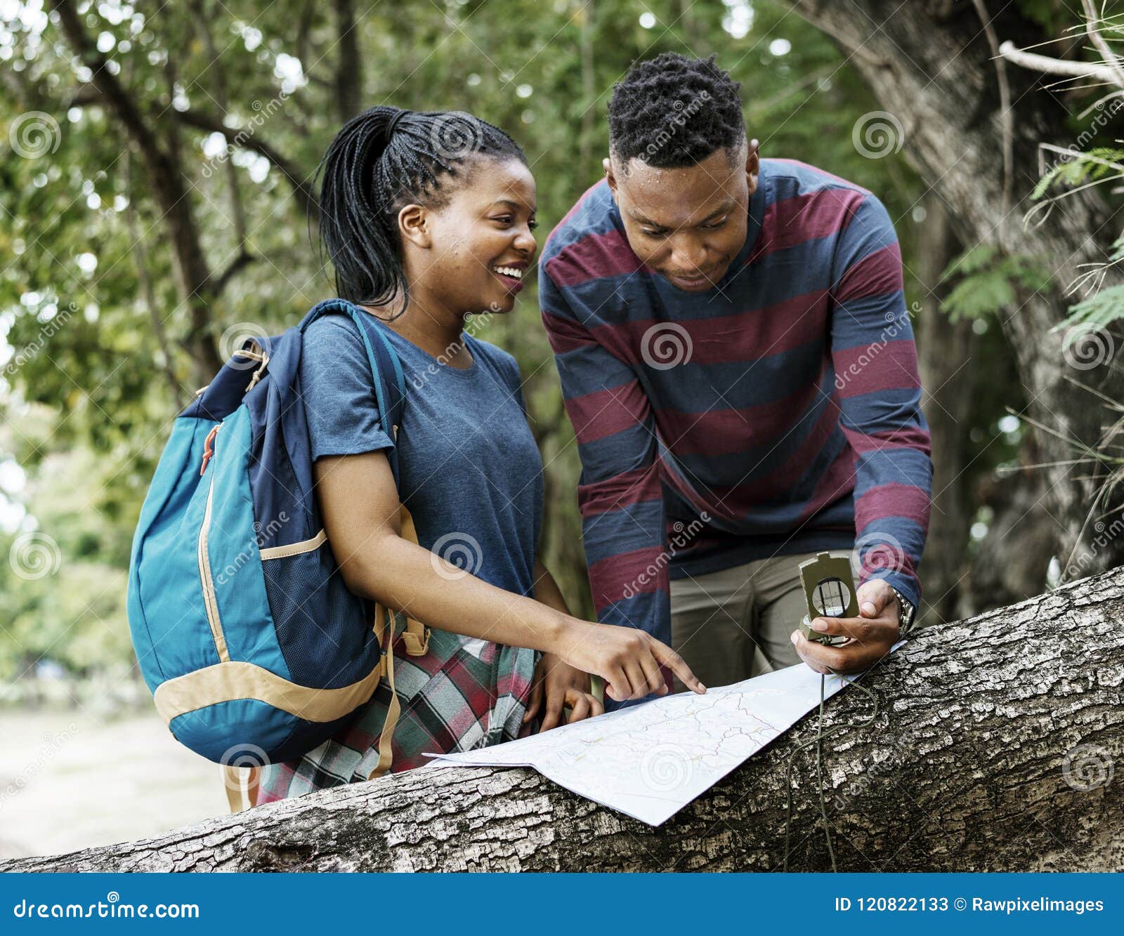 Trekking Couple Using Map and Compass in a Forest Stock Image - Image ...