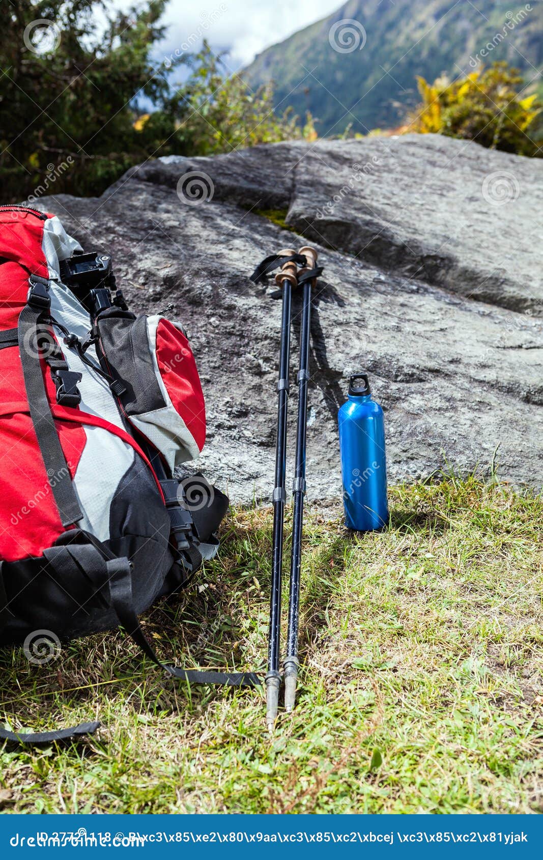 Trekking Equipment in Mountains Stock Photo - Image of forest, aluminum ...