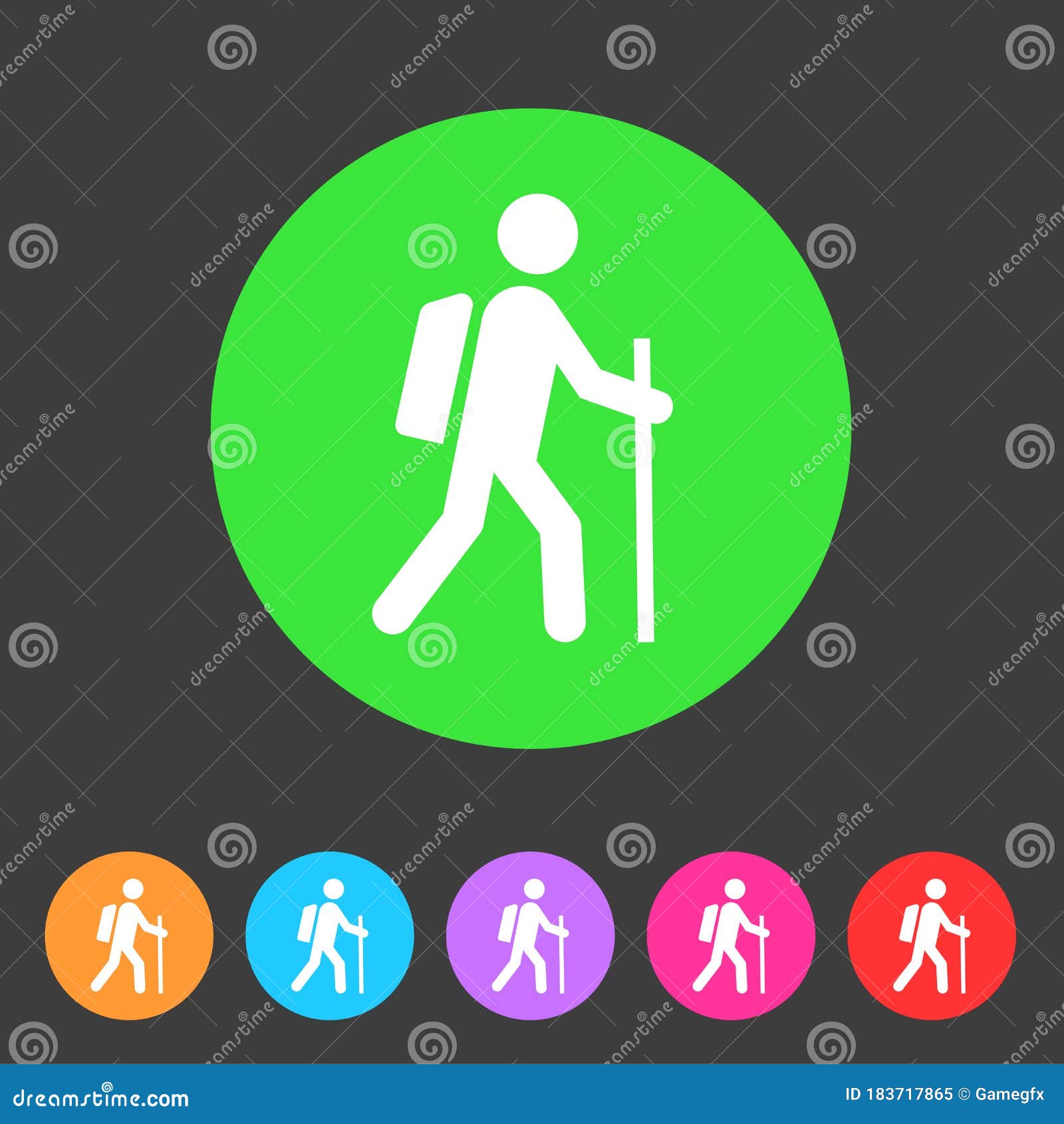 Trekking Hiking with Stick Bacpack Icon Flat Web Sign Symbol Logo Label ...