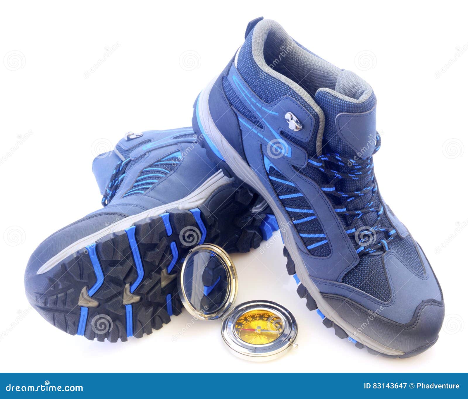 Trekking Shoes And Compass Isolated On White Background Stock Image ...