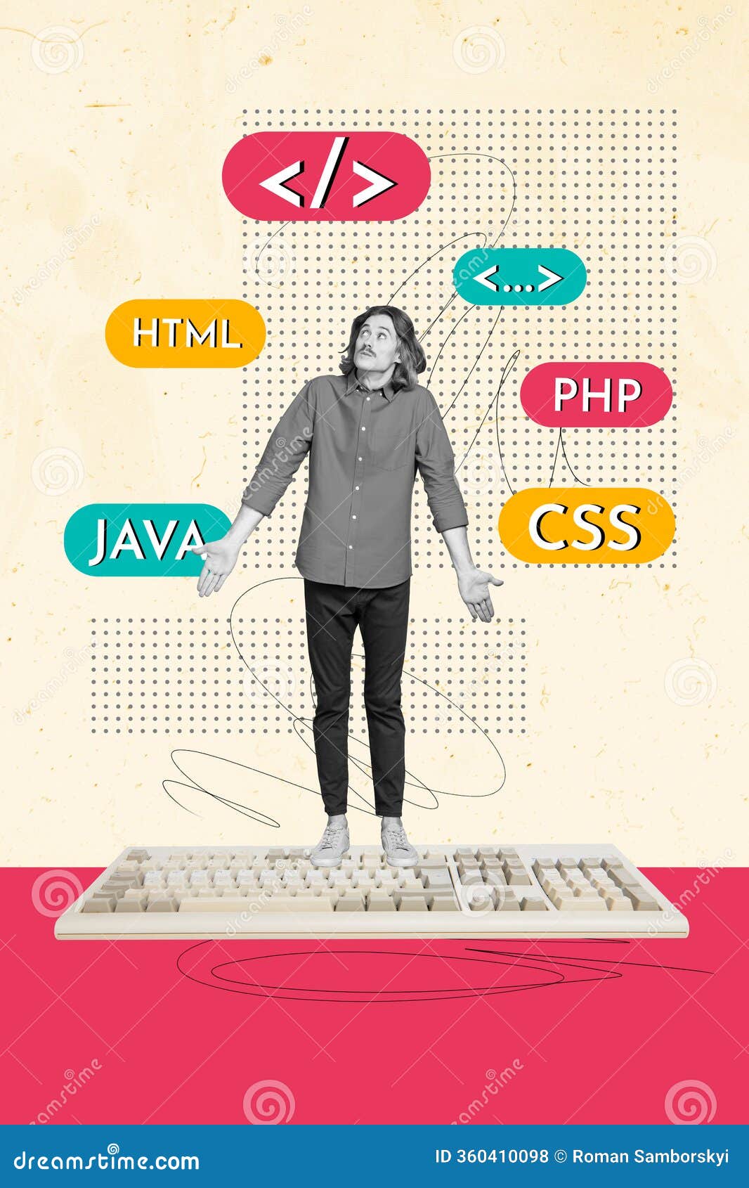 Trend Artwork Sketch Design Montage 3D Collage of Young Guy Confused Stand Obsolete Keyboard ...