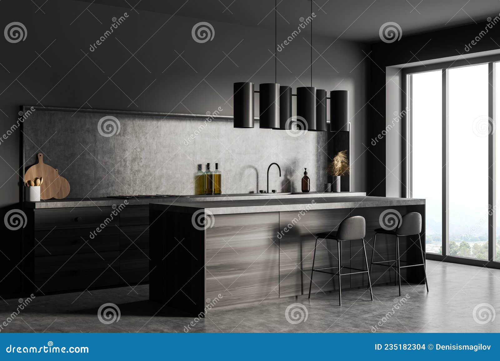 On Trend Grey Kitchen with Breakfast Bar. Corner View Stock ...