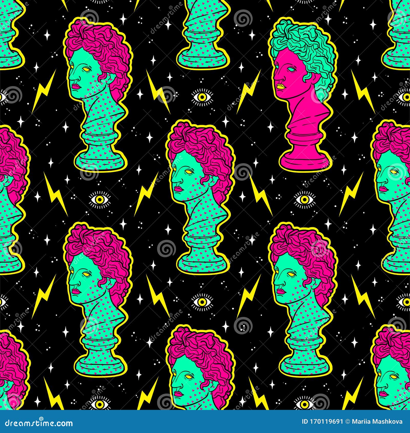 Trendy Acid Seamless Pattern with Ancient Sculpture in Psychedelic ...