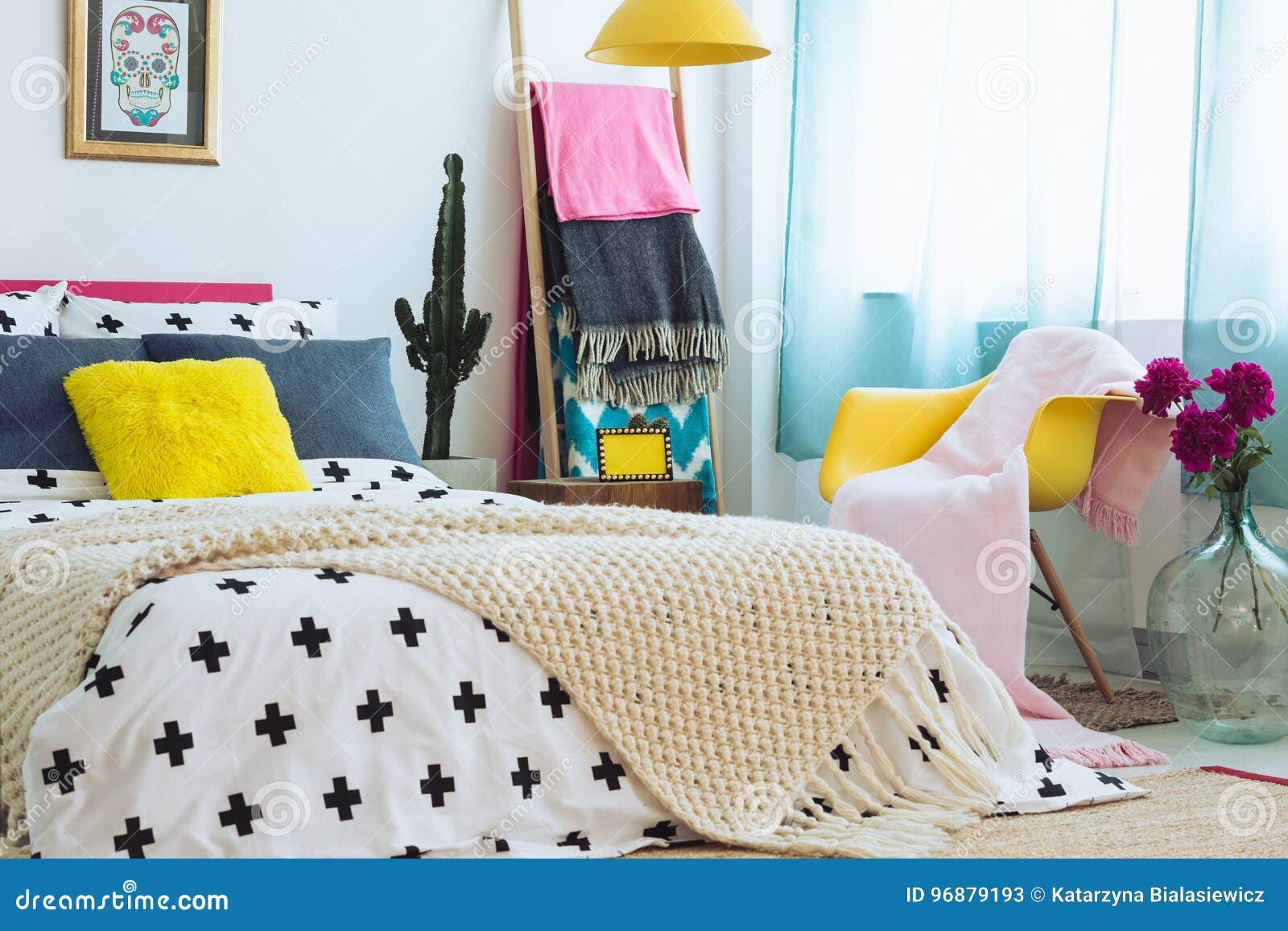 Trendy Bedroom with Colorful Bedding Stock Image - Image of furniture ...