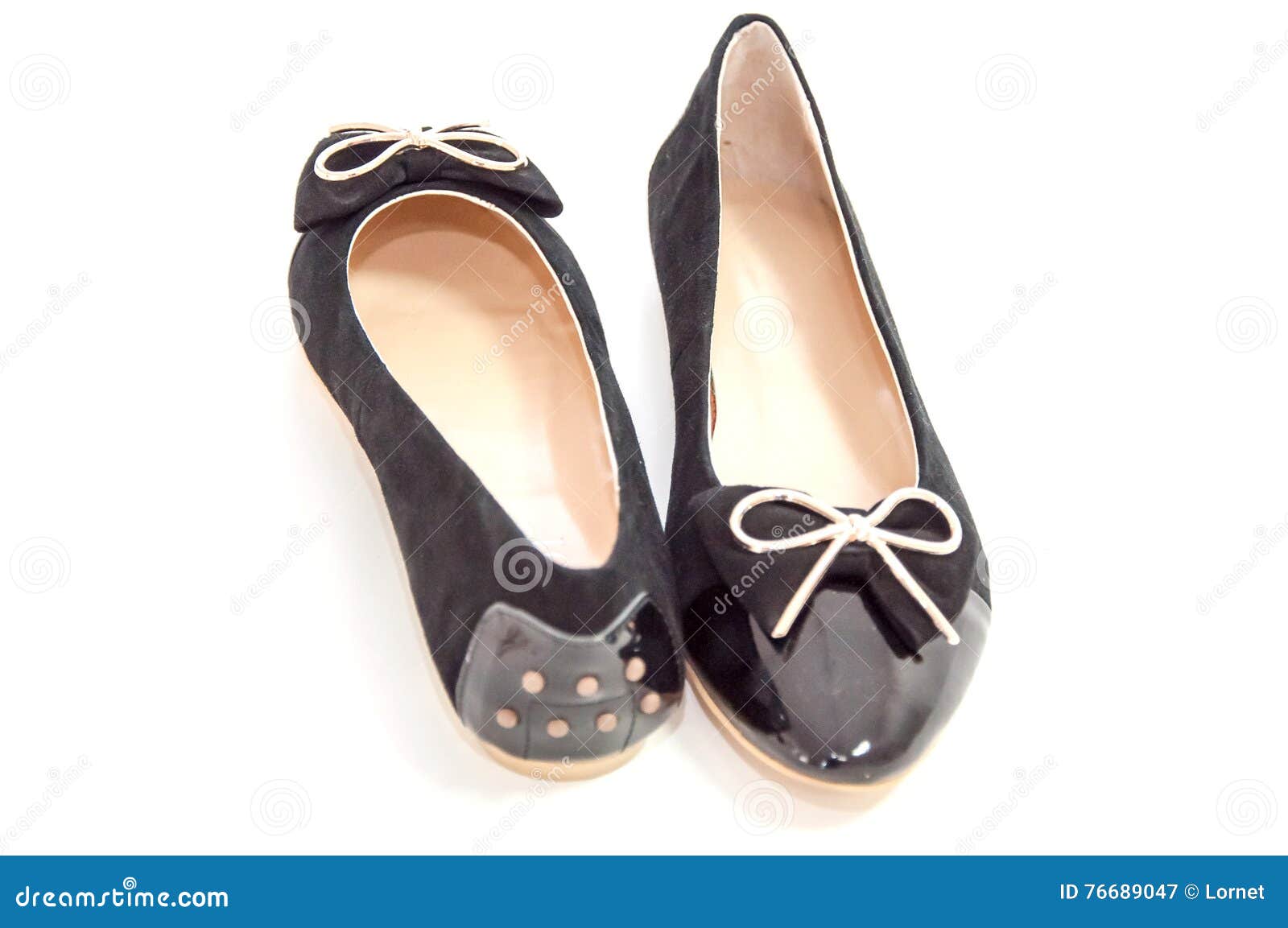 Trendy Black Pair of Ballet Flats on White Background. Stock Image ...