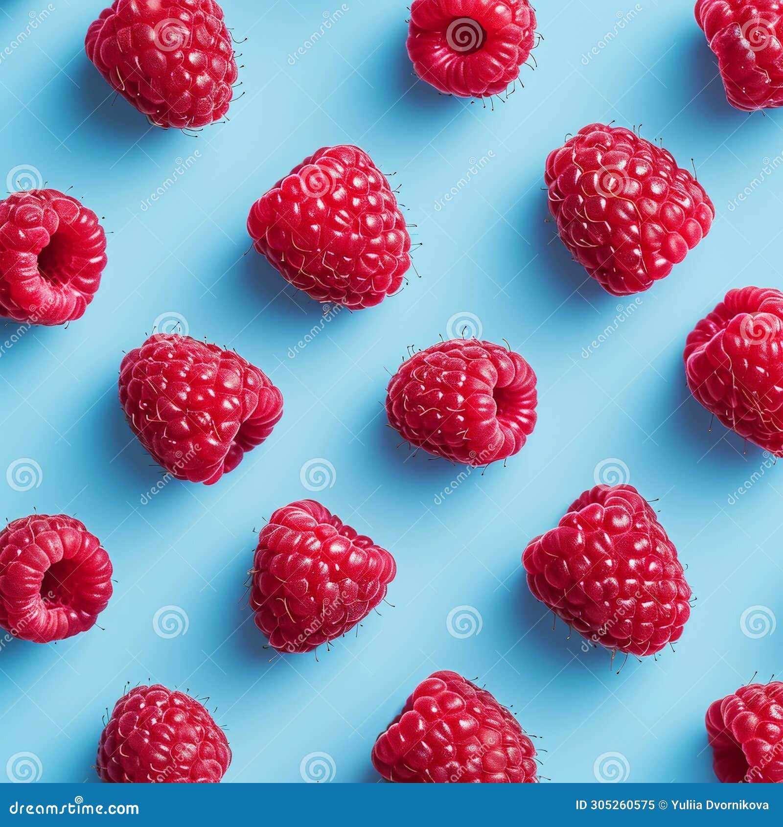 Trendy Bright Pattern of Red Berries (raspberry). Pastel Light Blue ...