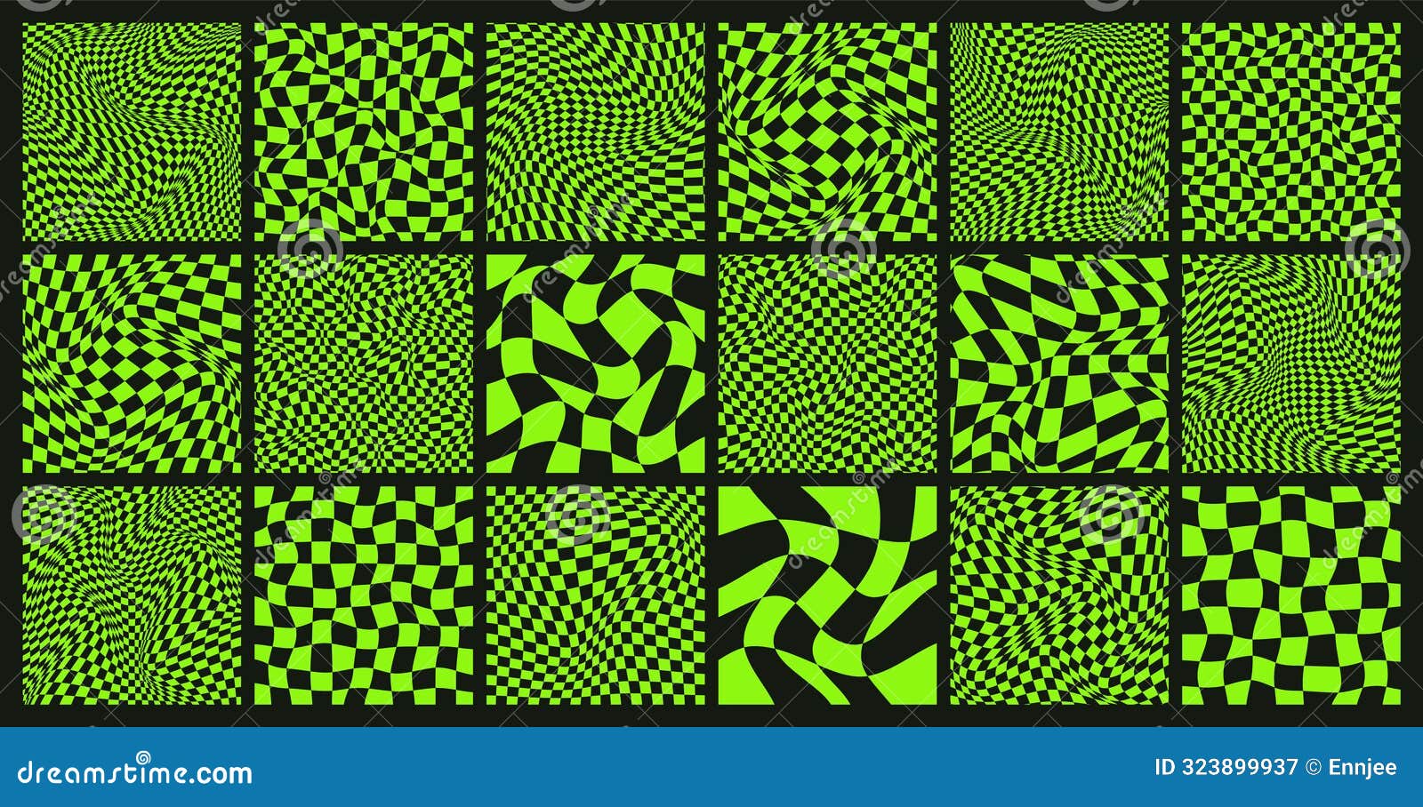 Trendy Checkered Pattern, Black and Green Distorted Tiled Grid. Wavy ...