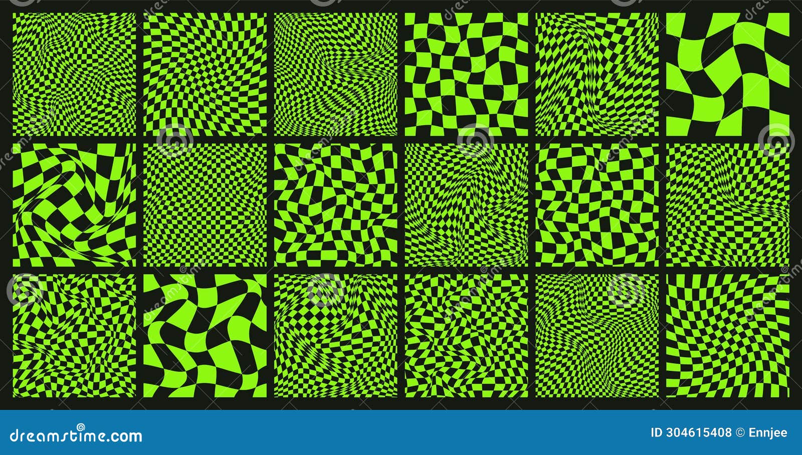 Trendy Checkered Pattern, Black and Green Distorted Tiled Grid. Wavy ...