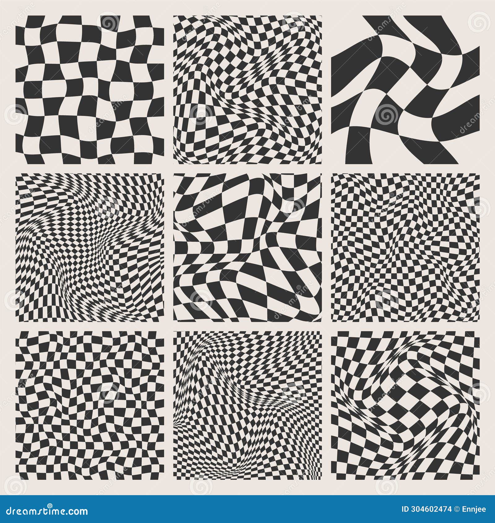 Trendy Checkered Pattern, Black and White Distorted Tiled Grid. Wavy ...