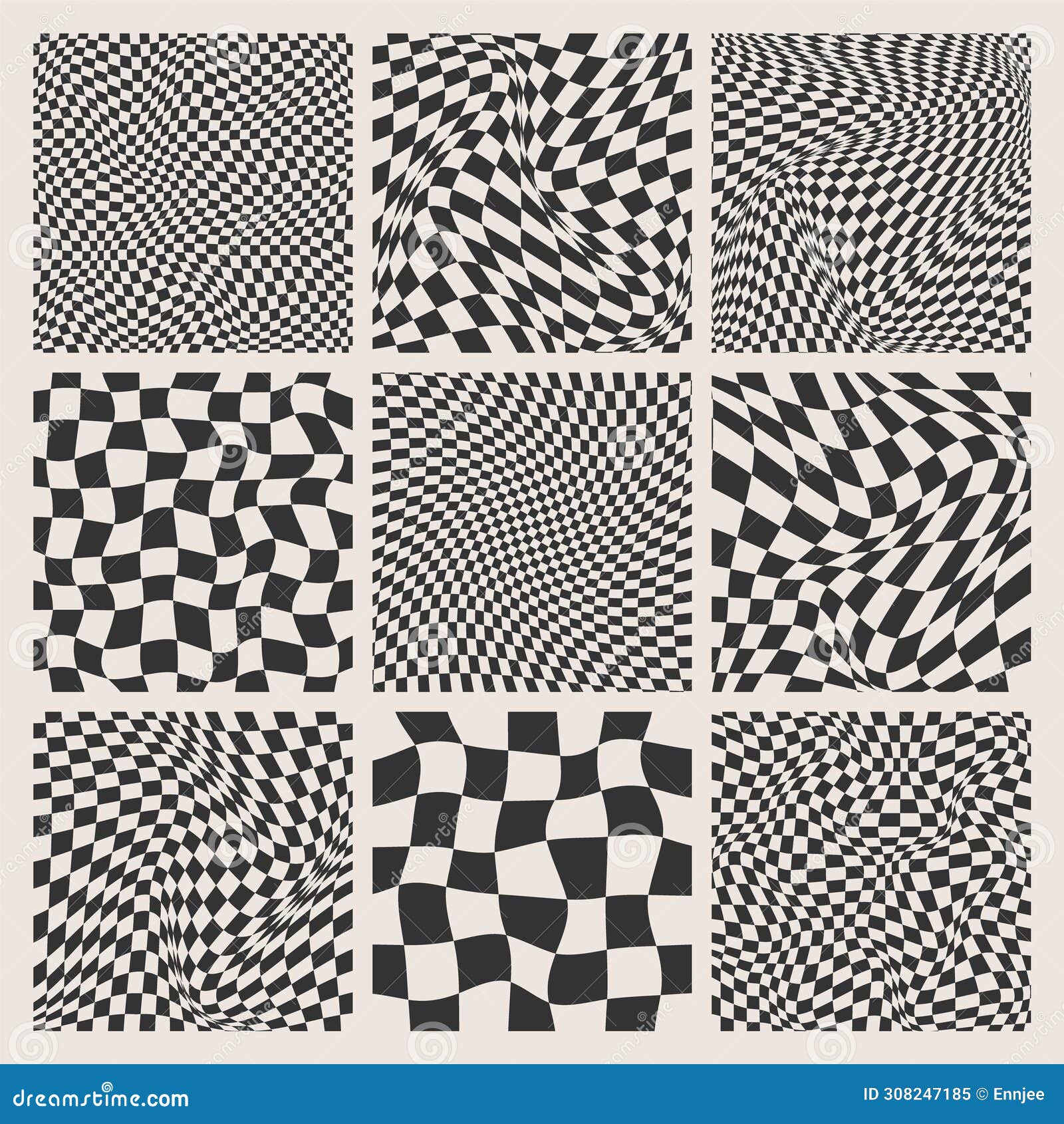 Trendy Checkered Pattern, Black and White Distorted Tiled Grid. Wavy ...