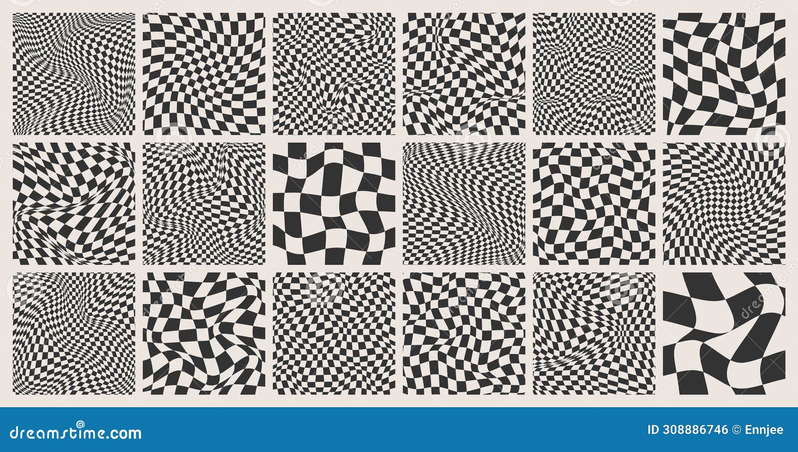 Trendy Checkered Pattern, Black and White Distorted Tiled Grid. Wavy ...