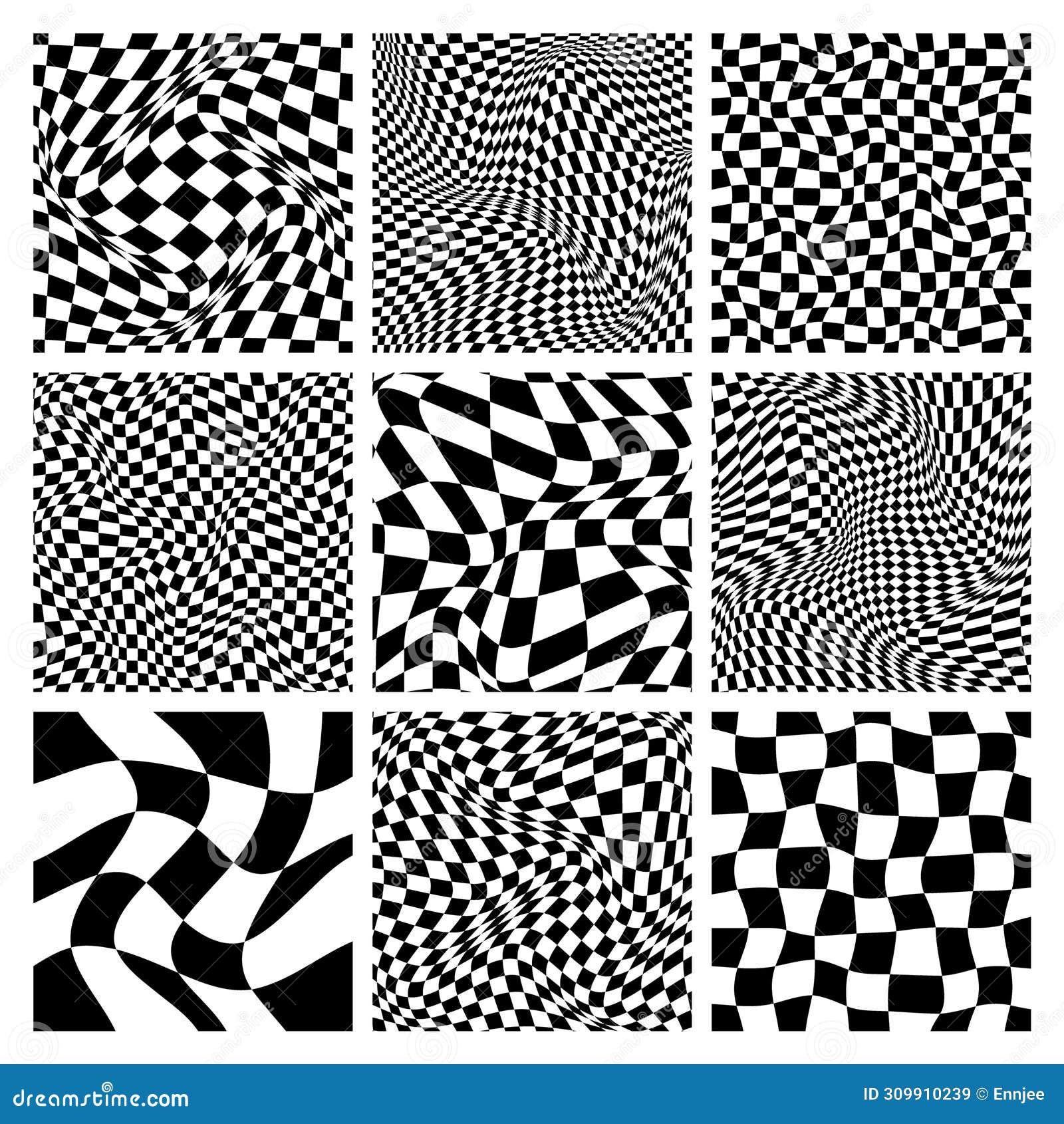 Trendy Checkered Pattern, Black and White Distorted Tiled Grid. Wavy ...