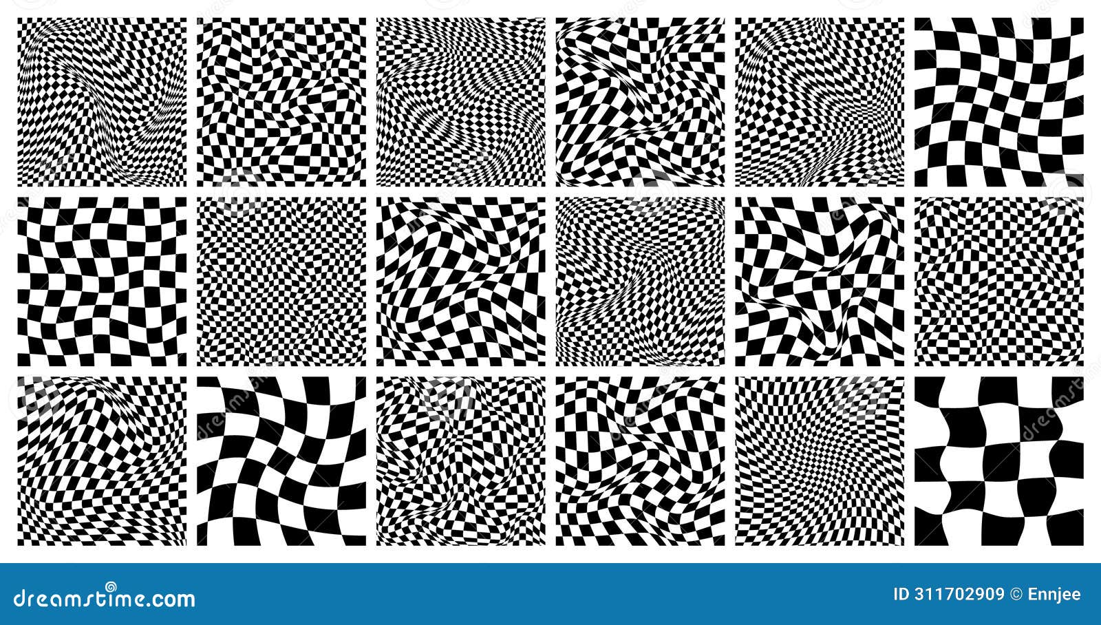 Trendy Checkered Pattern, Black and White Distorted Tiled Grid. Wavy ...