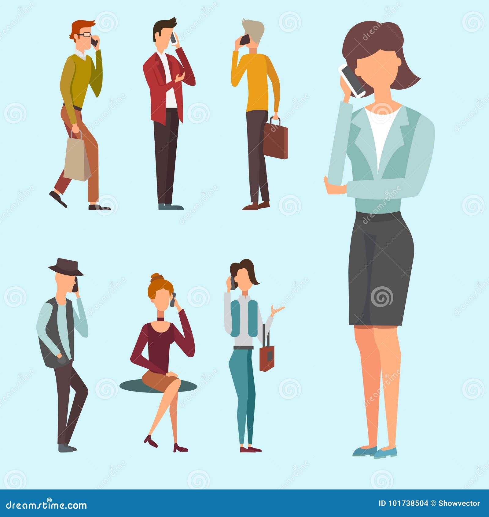 Trendy Flat People with Phone Gadgets Group Characters Using Hi Tech ...