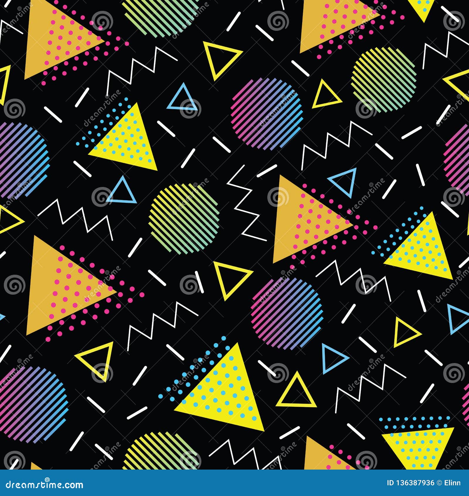 Retro Vintage Memphis Style Seamless Pattern on Dark Background. Stock ... Retro Vintage Memphis Style Seamless Pattern on Dark Background. Stock ...