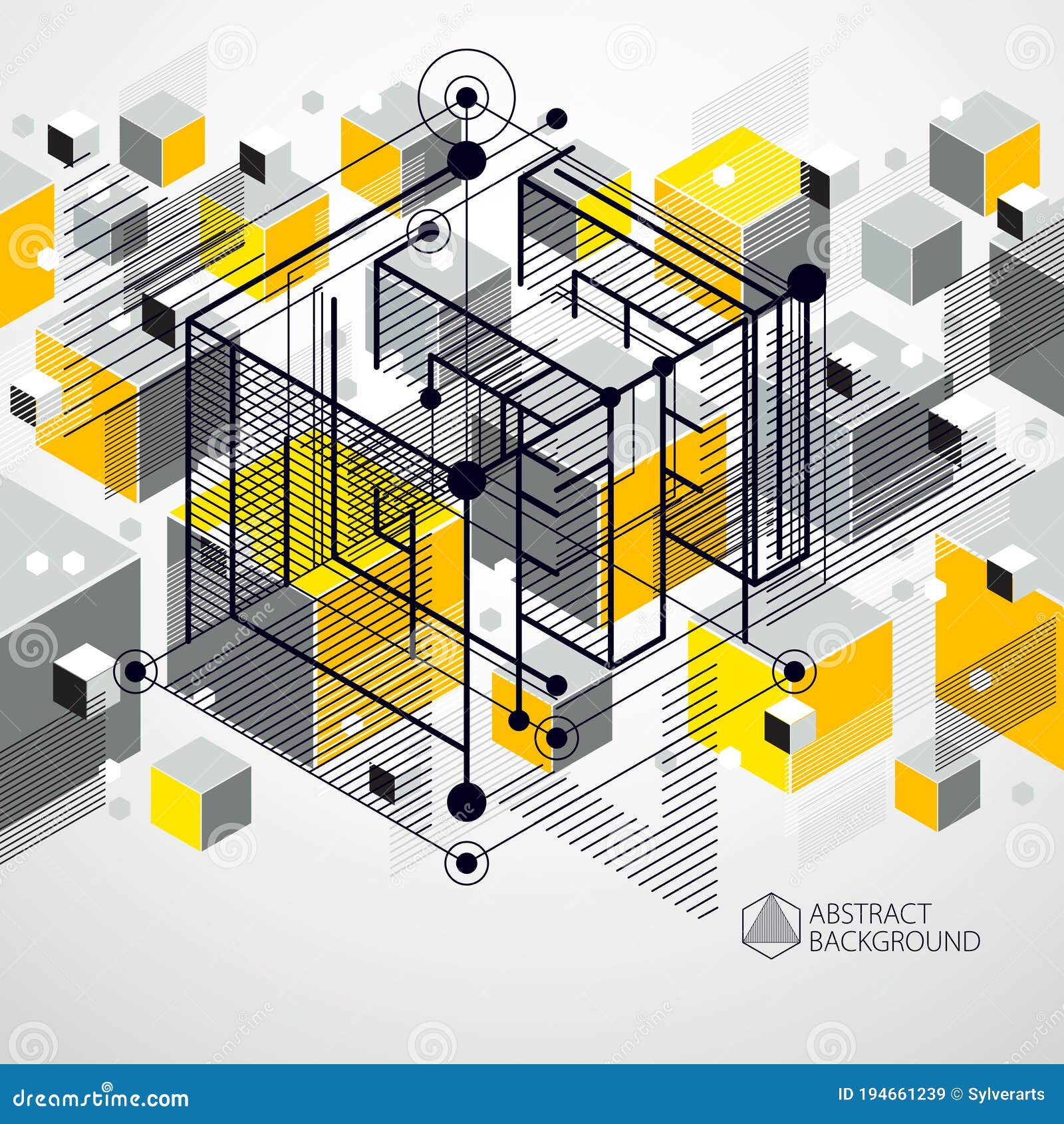 Trendy Geometric Vector Pattern, Textured Abstract Cube Mesh Yellow Background. Technical Plan ...