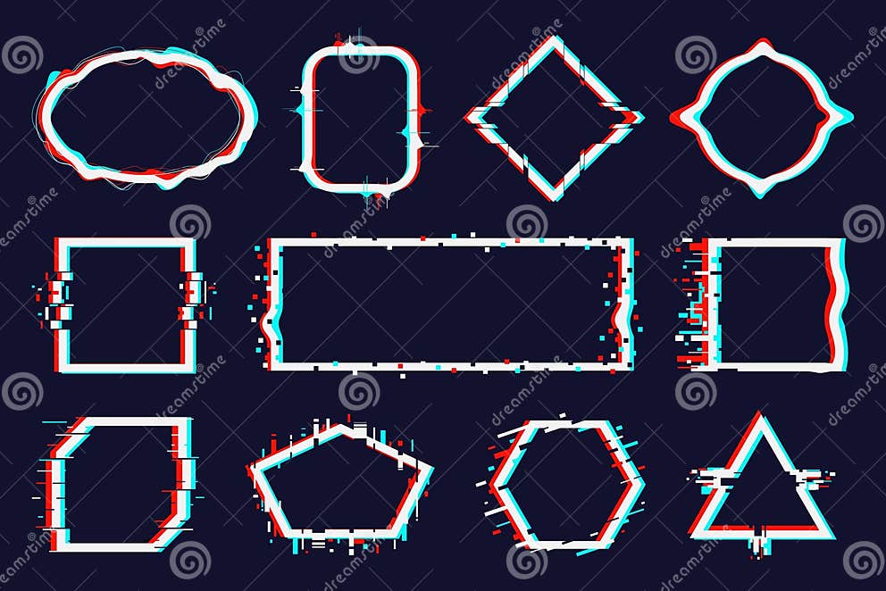 Trendy Glitch Effects Borders. Different Shapes Frames. Distorted White ...