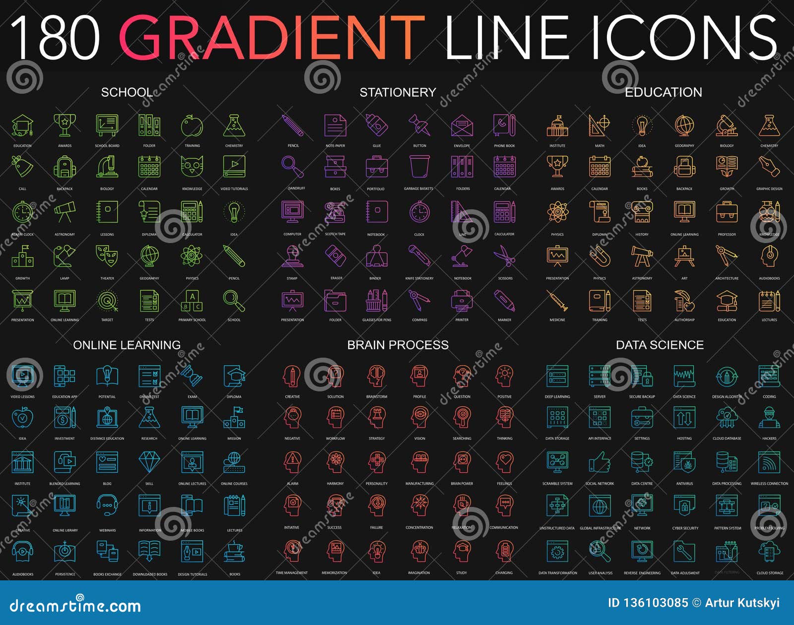 180 Trendy Gradient Style Thin Line Icons Set of School, Stationery ...