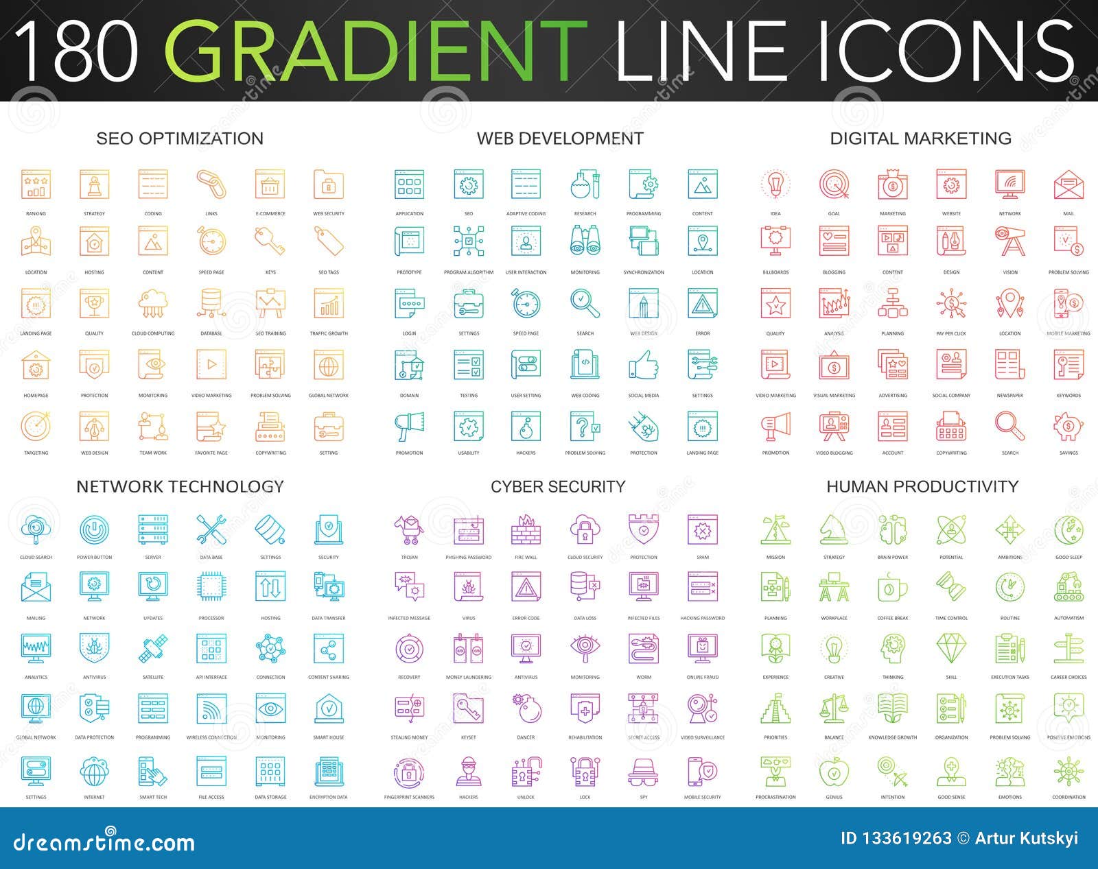 180 Trendy Gradient Vector Thin Line Icons Set of Seo Optimization, Web ...