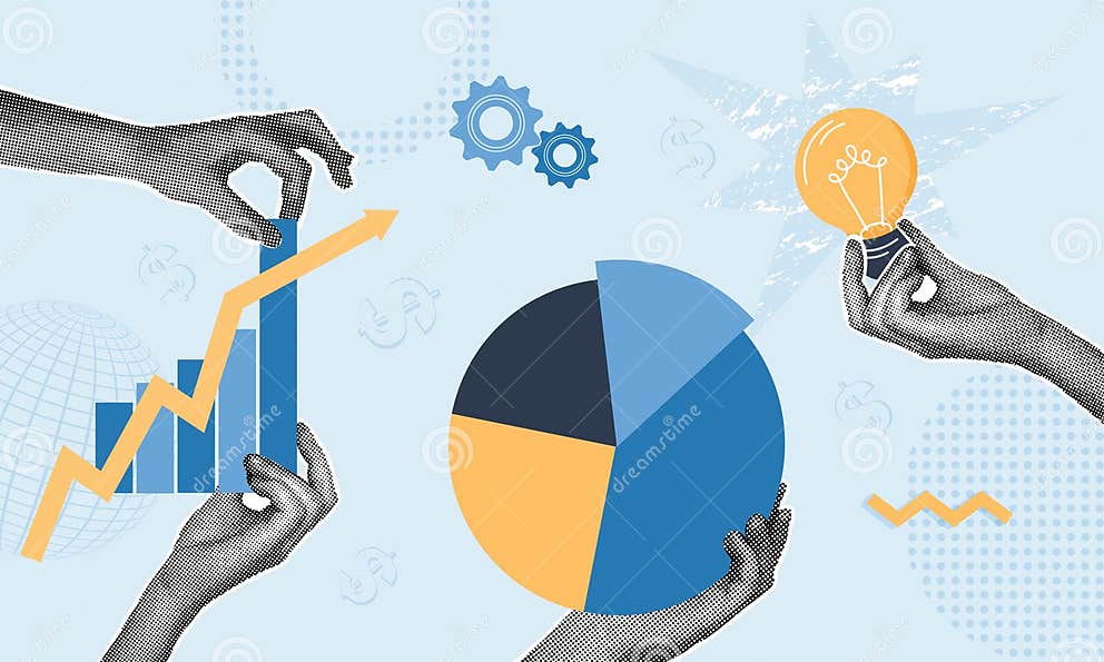 Trendy Halftone Collage. Concept of Process Implementation, Work ...