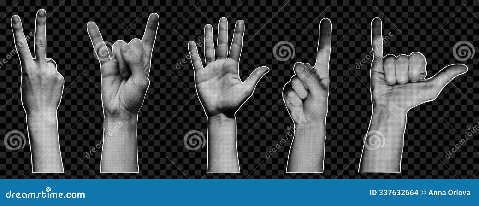 Trendy Halftone Collage Human Hands. Gesture Signs. Vector Dots Texture ...