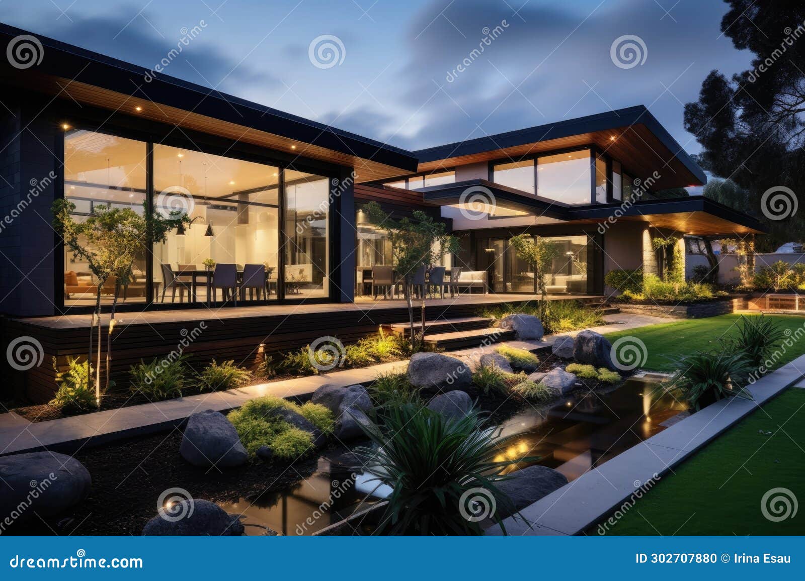 Trendy Home with a Deck Overlooking the Garden Stock Photo - Image of ...