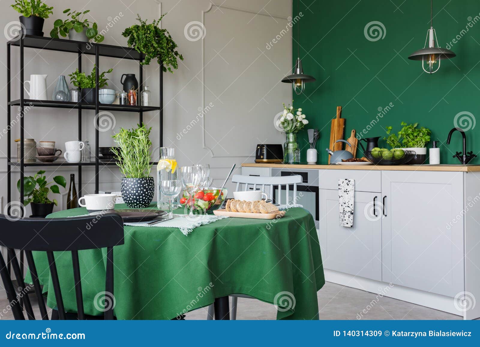 Trendy Kitchen with Dining Table with Green Tablecloth Set for Romantic ...