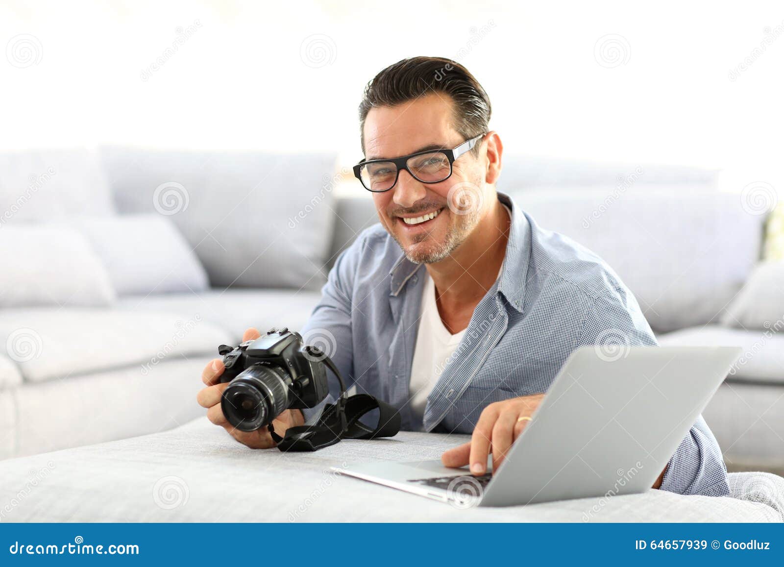 Trendy Man Using Electronics at Home Stock Image - Image of learning ...