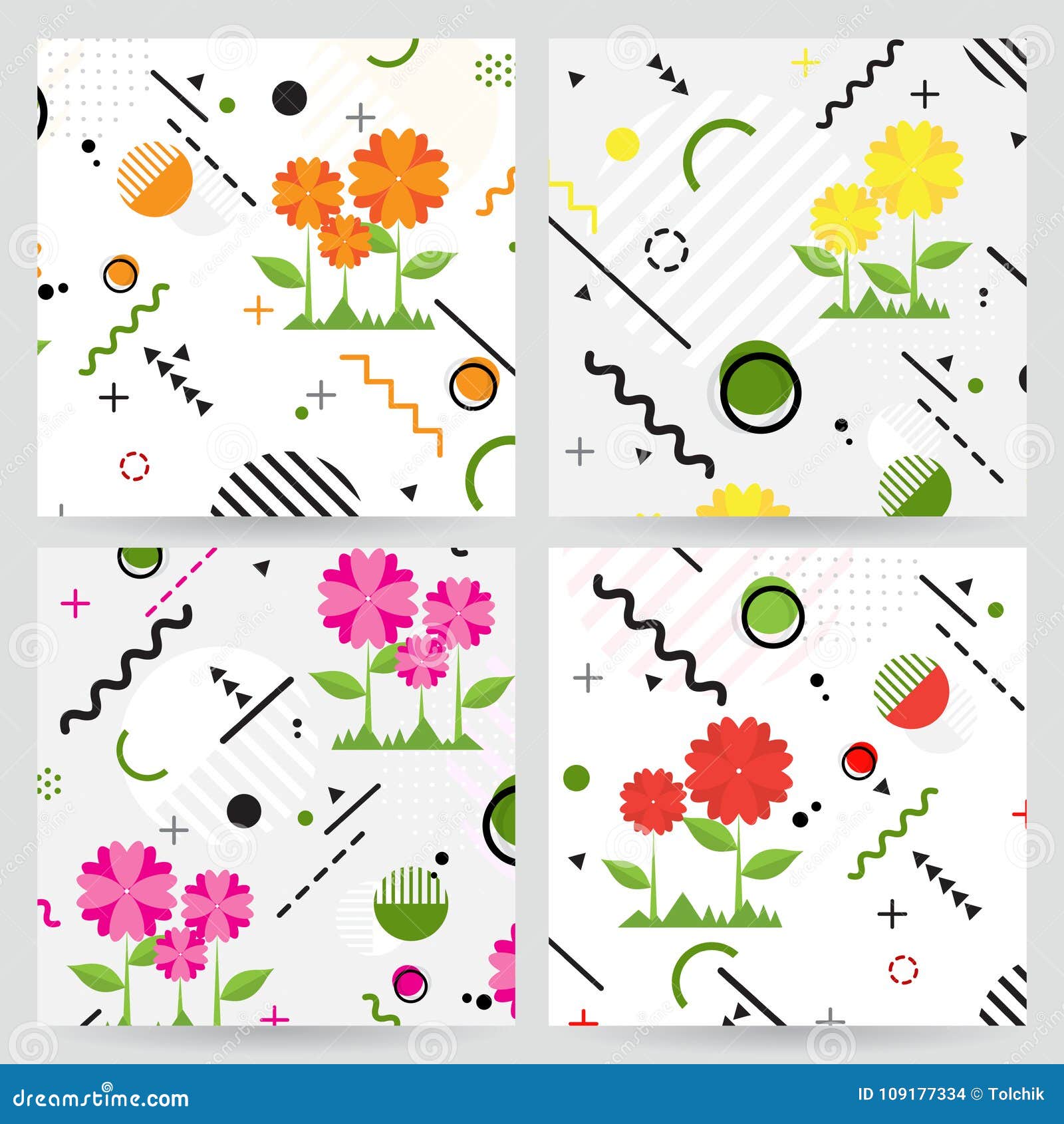 Trendy Memphis Style Geometric Pattern with Flower, Vector Stock Vector ...